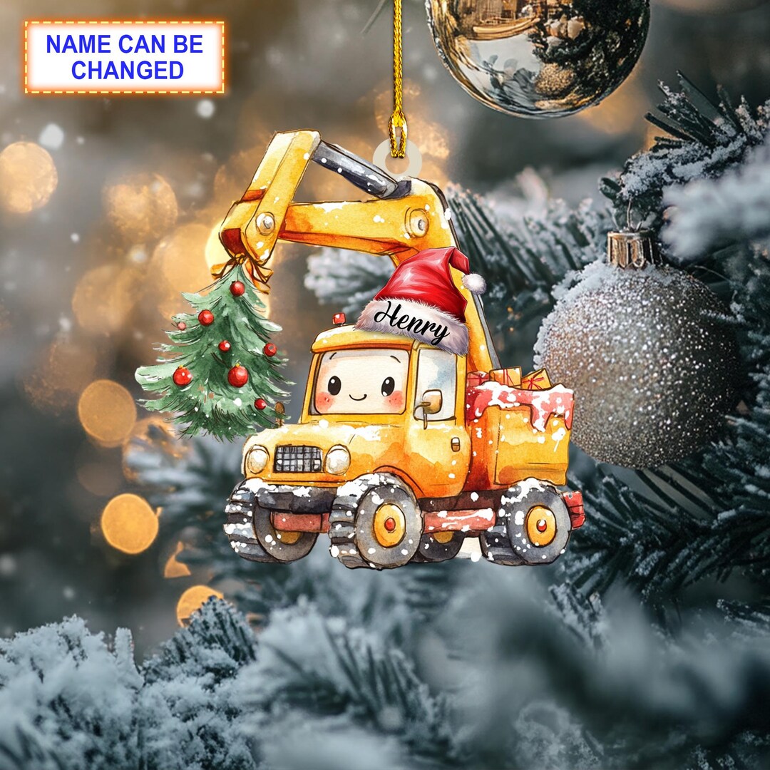 Custom Name Mini Excavator With Santa Hat and Christmas Tree Ornament ...