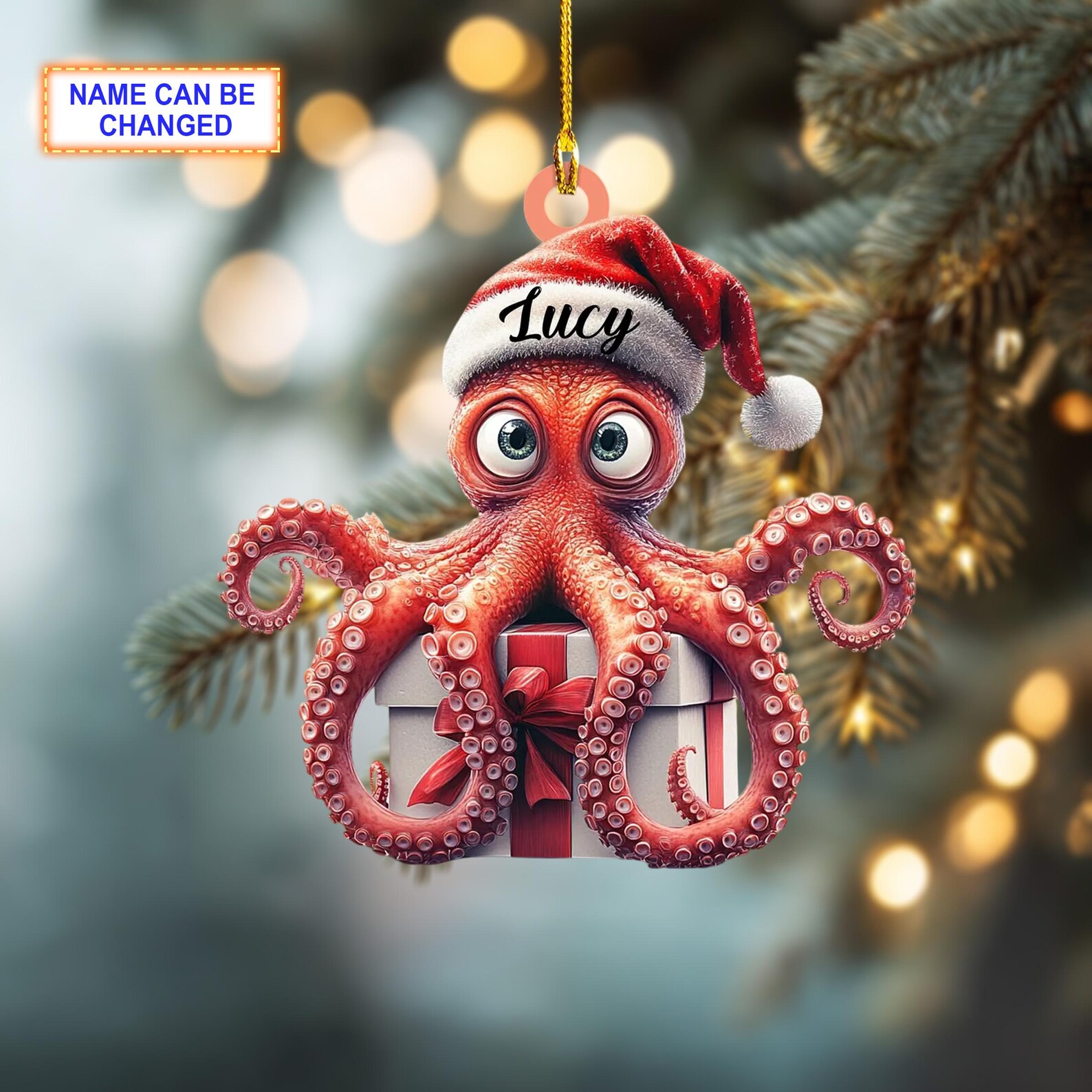 Custom Name Cute Octopus With Santa Hat Sitting on A Gift Box Ornament ...