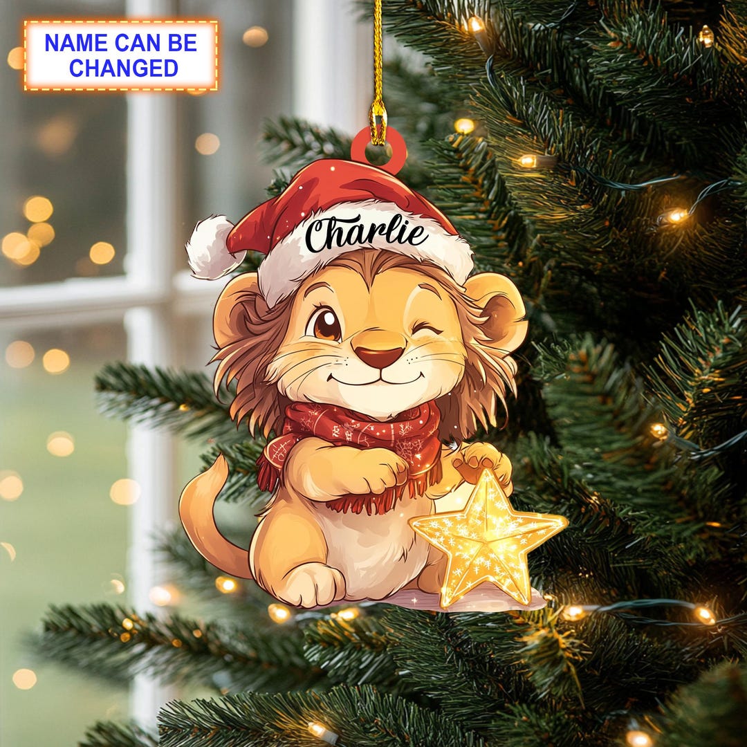 Custom Name Lion Smiling With Santa Hat and Big Star Christmas Ornament ...