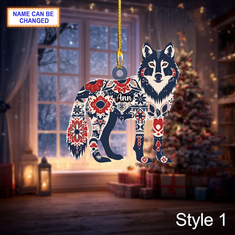 Custom Name Scandinavian Gray Wolf Personalized Ornament, Christmas ...