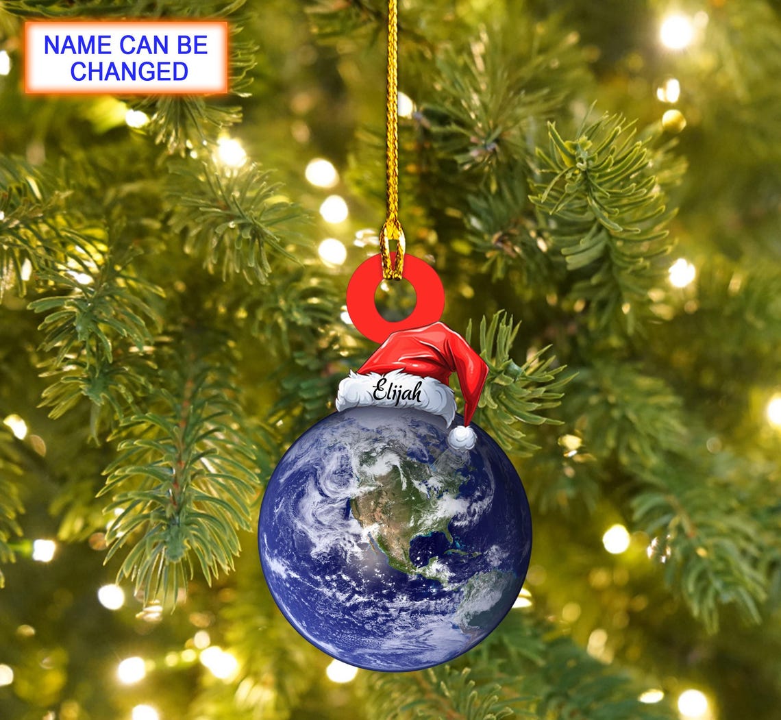 Custom Name Earth With Santa Hat Personalized Ornament, Tree Hanging ...