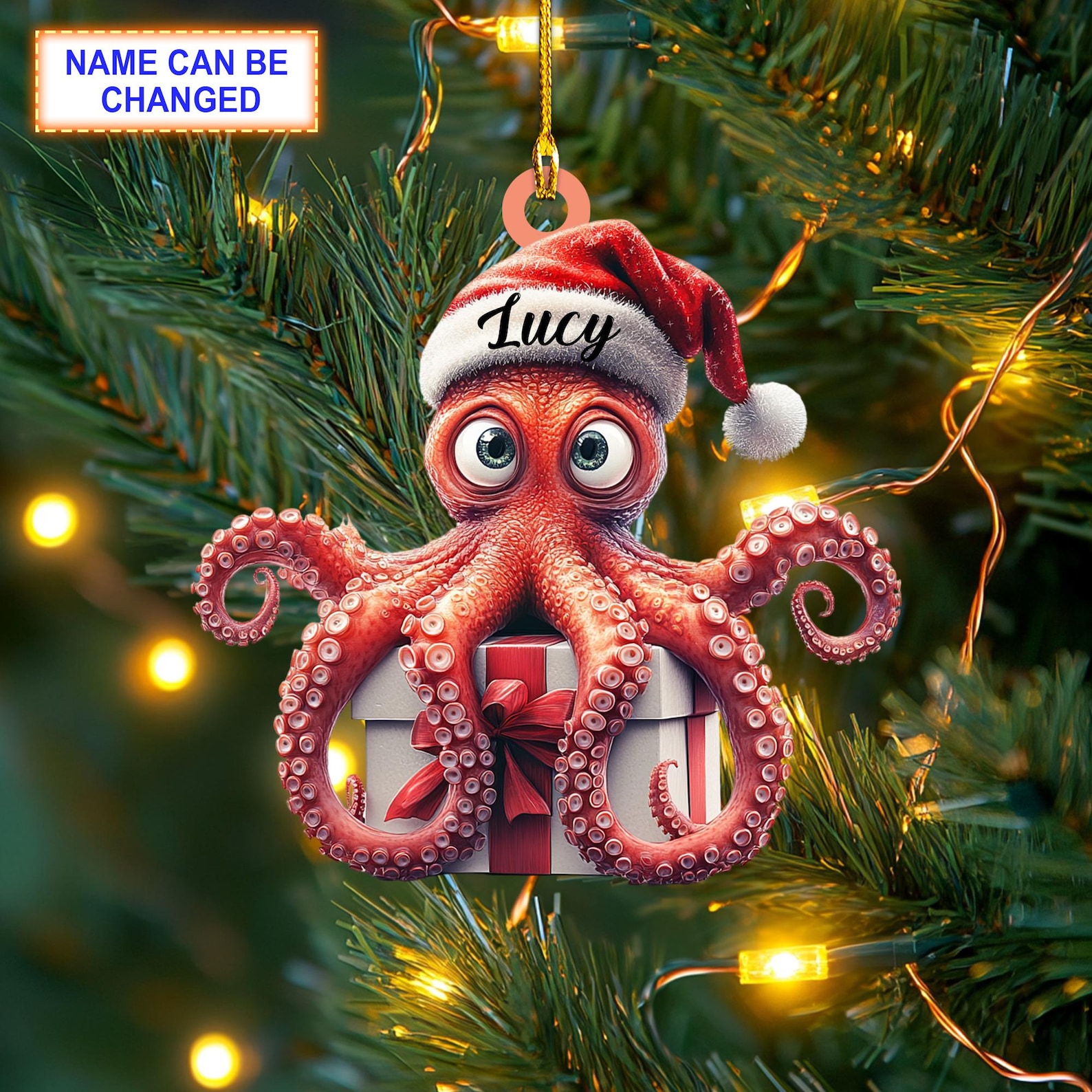 Custom Name Cute Octopus With Santa Hat Sitting on A Gift Box Ornament ...