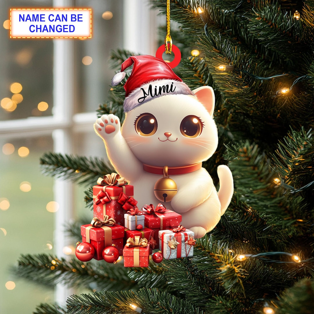 Custom Name Maneki Neko With Santa Hat and Christmas Gift Box Ornament ...