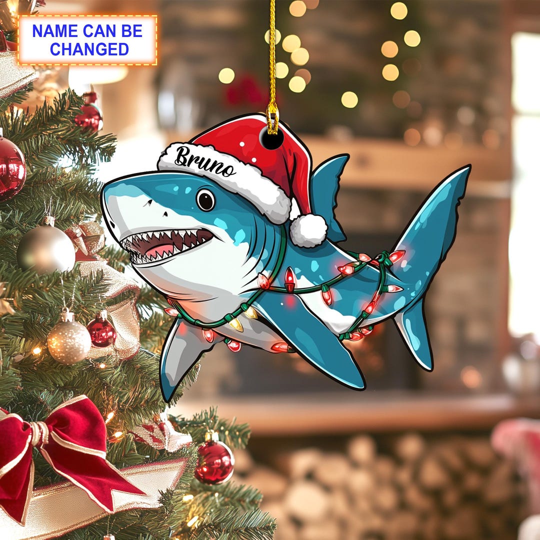 Custom Name Shark With Santa Hat Christmas Lights Ornament, Christmas ...