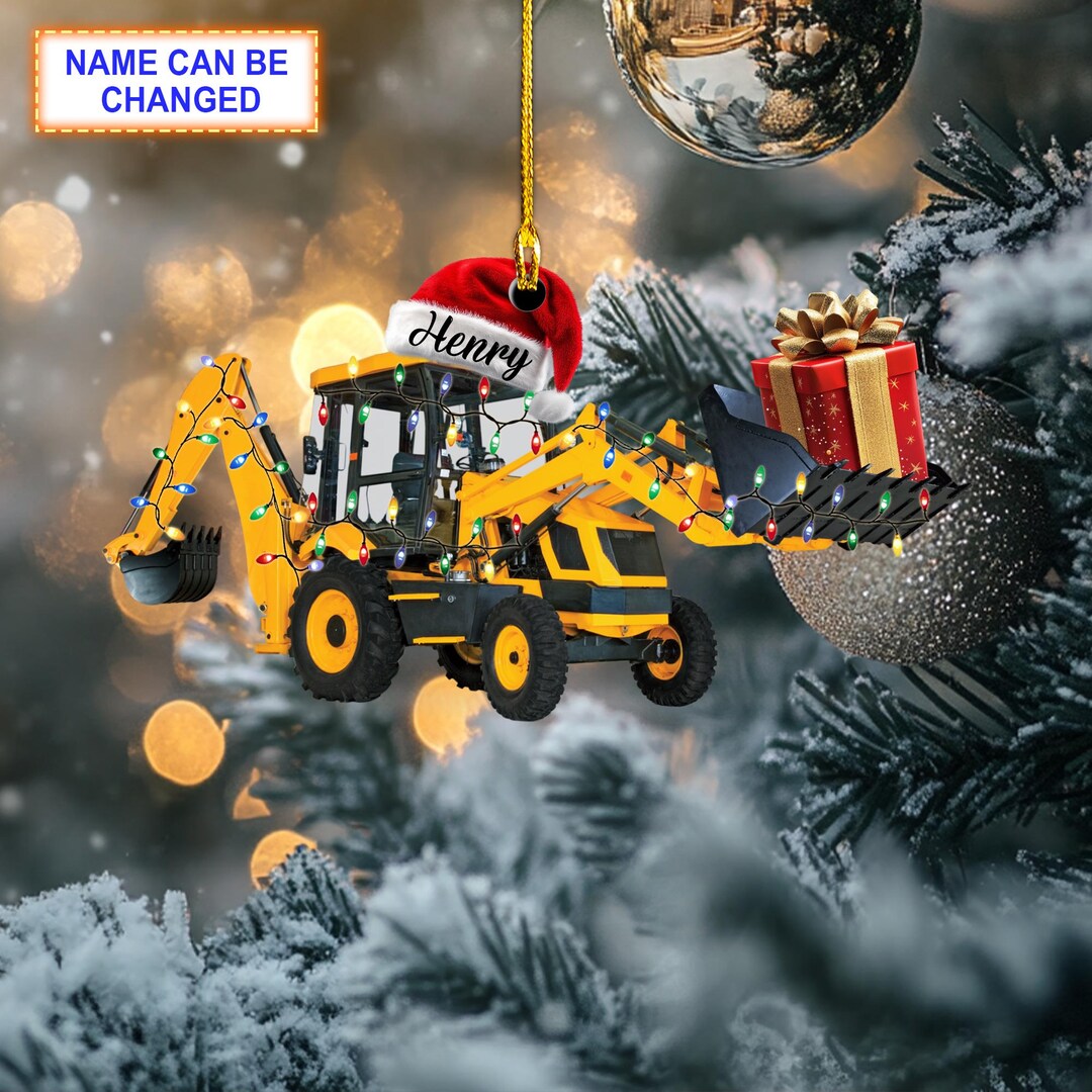 Custom Name Backhoe Loader With Santa Hat and Christmas Lights Ornament ...