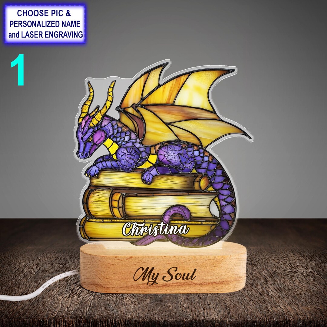 Personalized Book Dragon Acrylic Night Light With Name Engraving, Beech ...