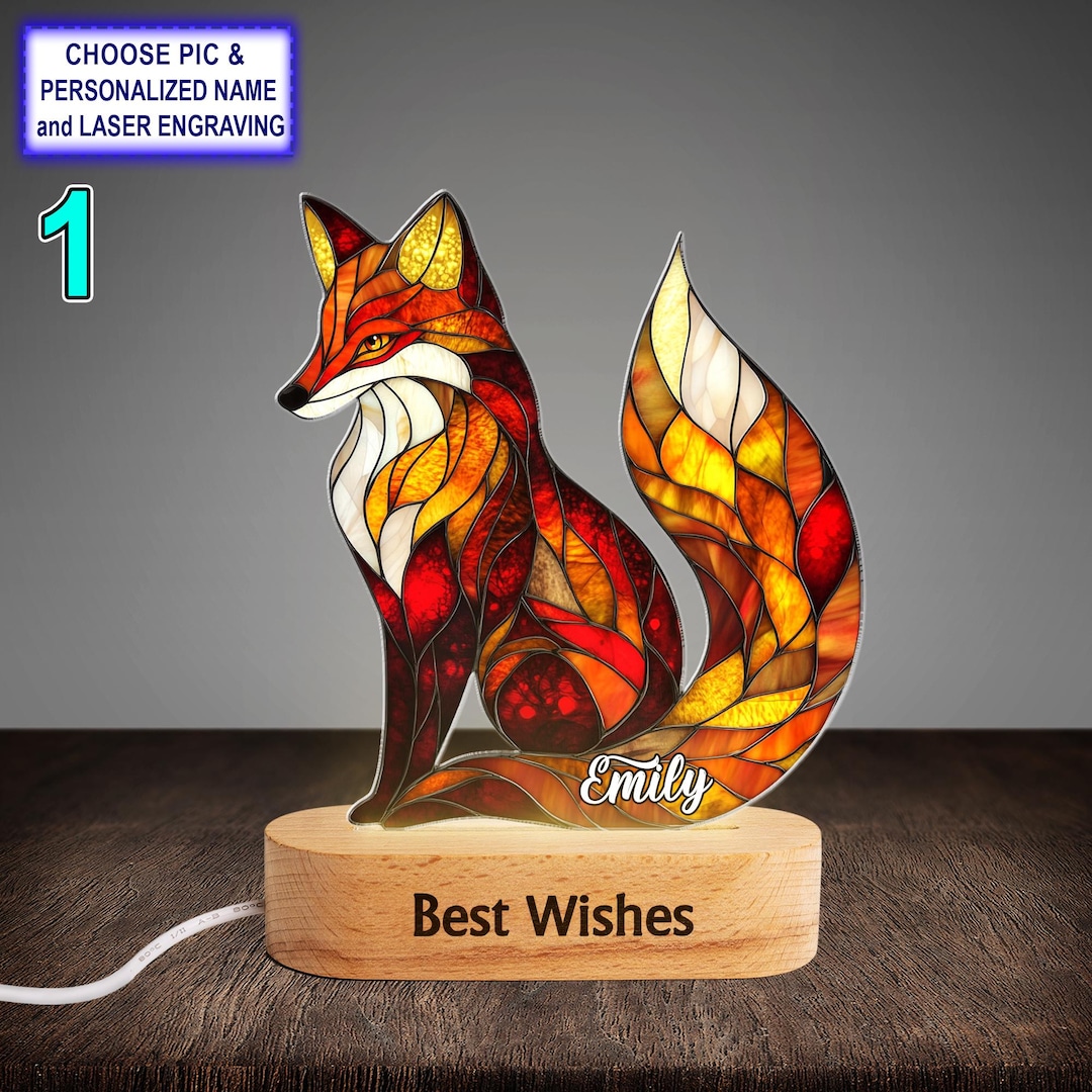 Personalized Red Fox Acrylic Night Light With Name Engraving, Beech ...