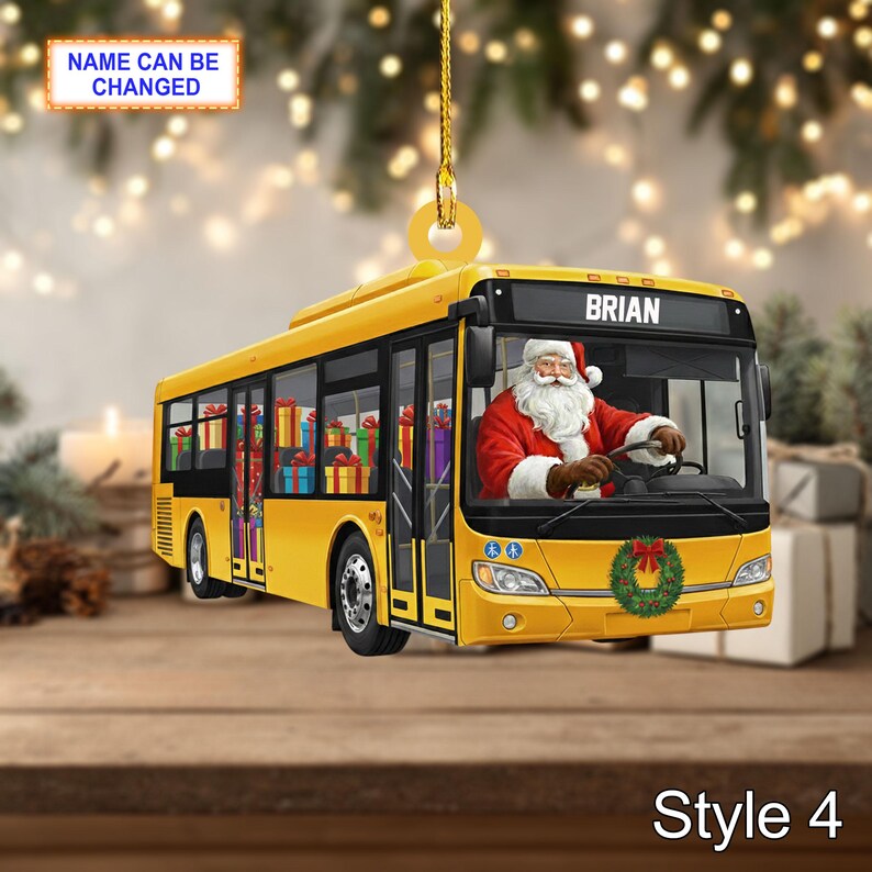 Custom Name Santa Drives Bus Personalized Ornament, Christmas Tree ...