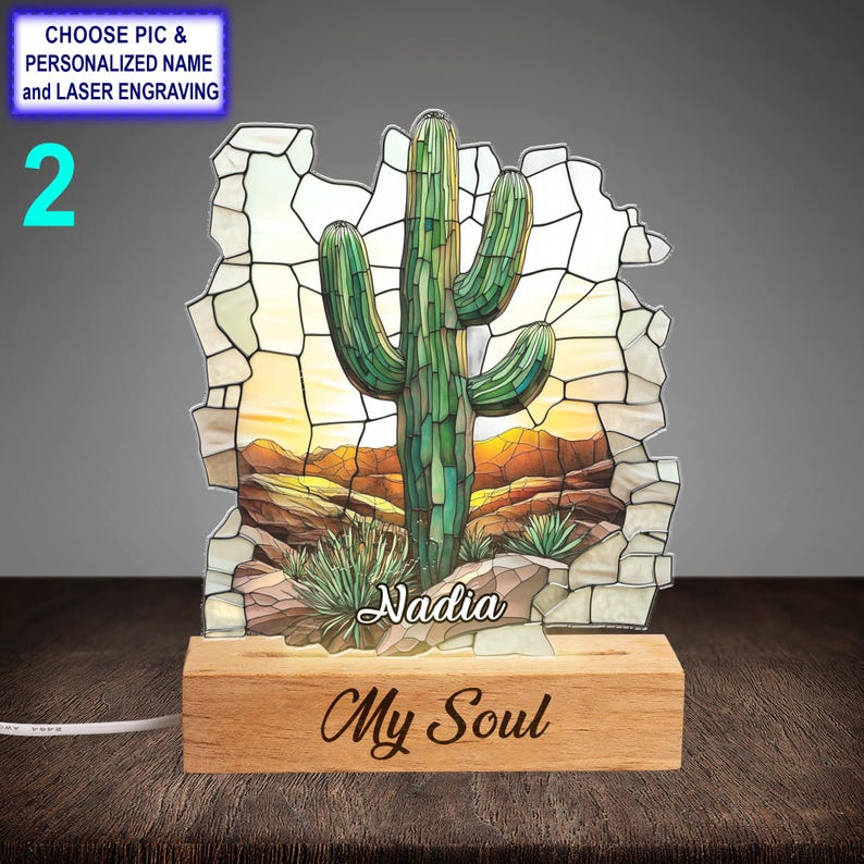 Personalized Cactus Plant Acrylic Night Light With Name Engraving ...