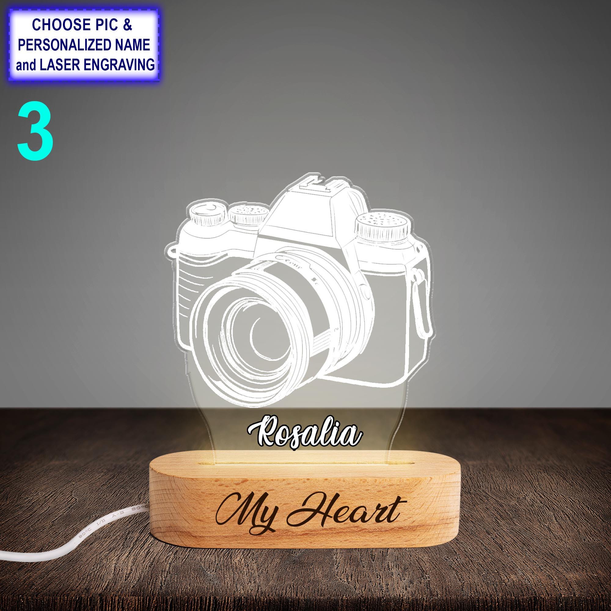Personalized Camera Acrylic Night Light With Name Engraving, Beech Wood ...