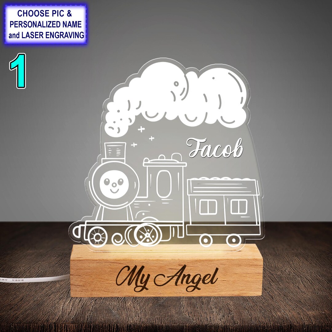 Personalized Cute Train Acrylic Night Light With Name Engraving, Beech ...