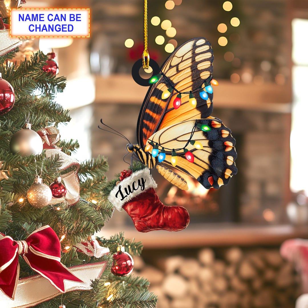 Custom Name Butterfly With Christmas Stocking Xmas Ornament, Christmas ...