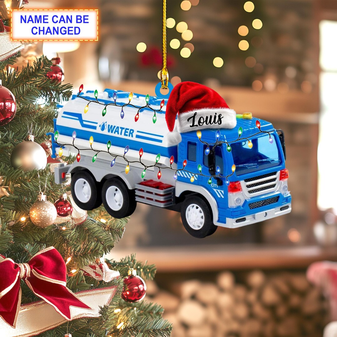 Custom Name Water Tanker Truck With Santa Hat Christmas Lights Ornament ...