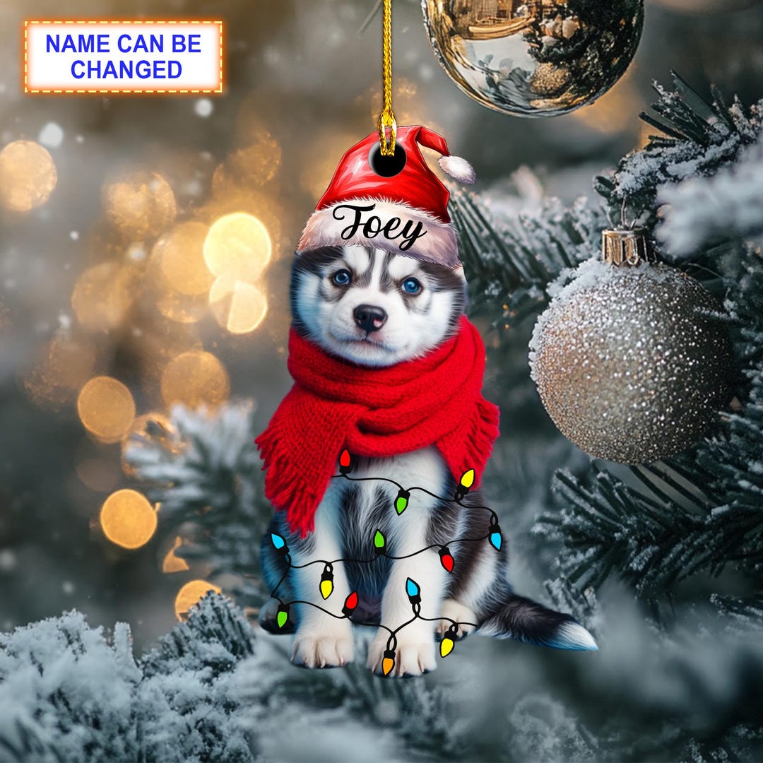 Custom Name Cute Sitting Husky Dog With Santa Hat Christmas Lights ...