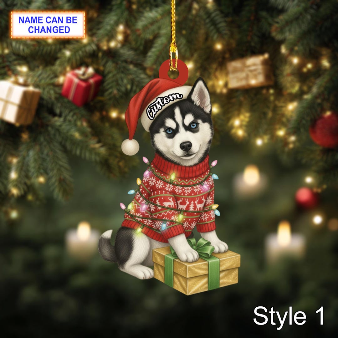 Custom Name Cute Sitting Siberian Husky Dog With Santa Hat Christmas ...