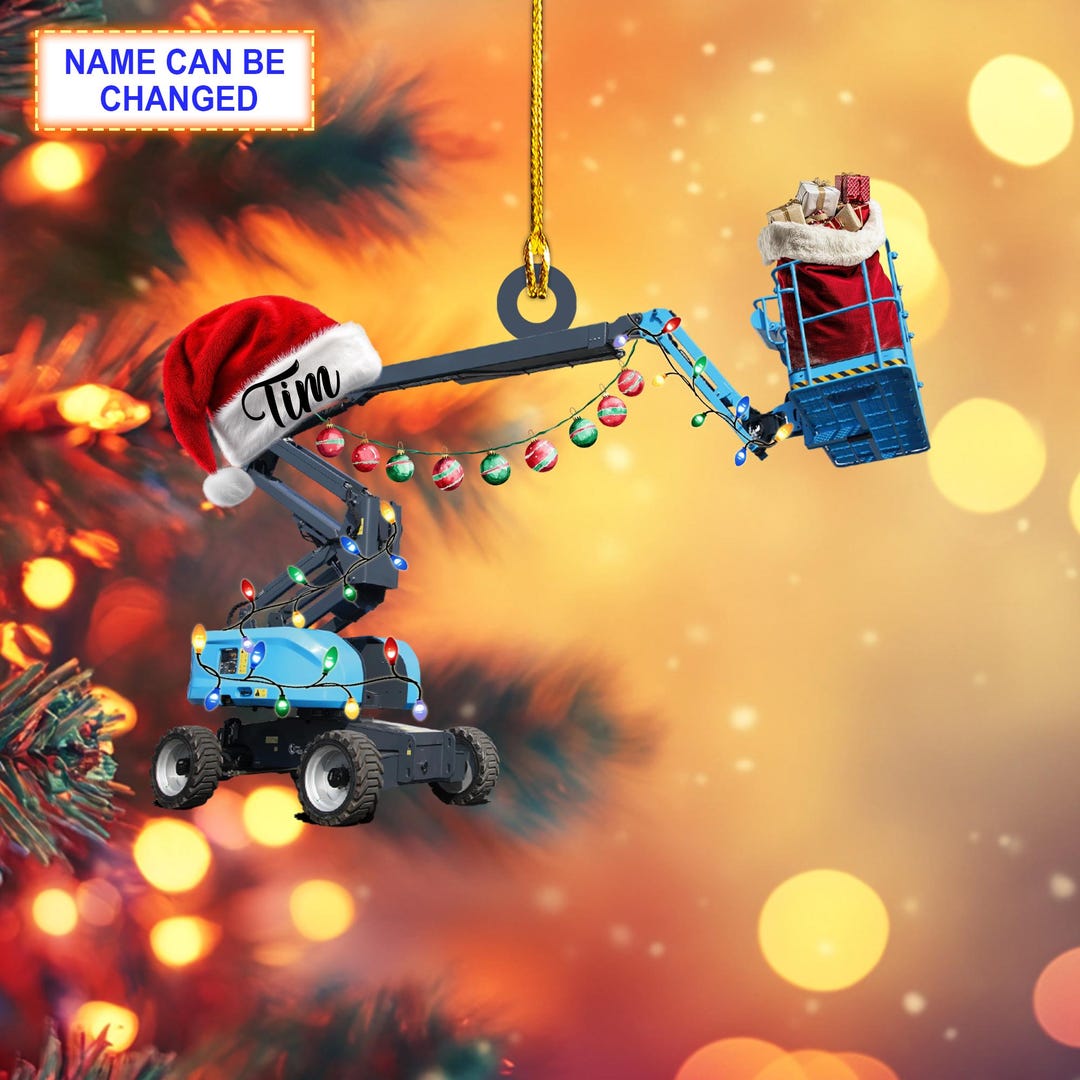 Custom Name Boom Lift With Santa Hat and Christmas Lights Ornament ...