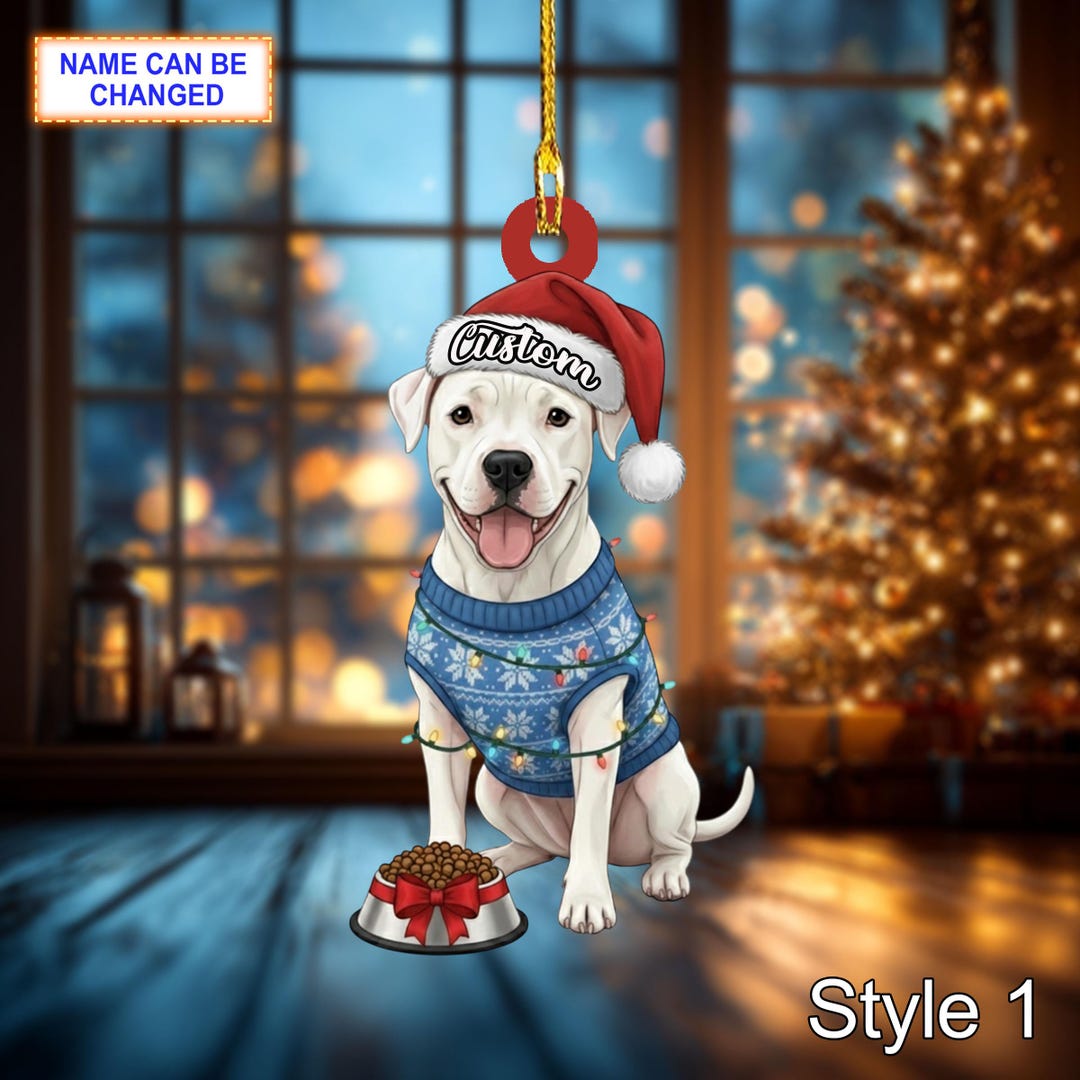 Custom Name Sitting Dogo Argentino Dog With Santa Hat Christmas Lights ...