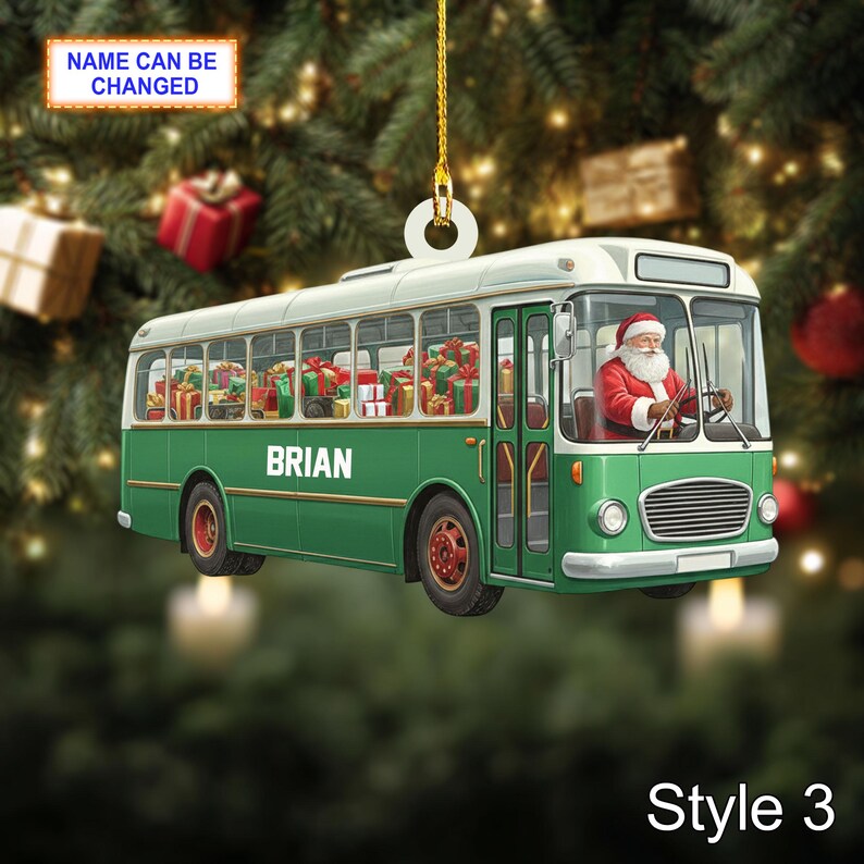 Custom Name Santa Drives Bus Personalized Ornament, Christmas Tree ...