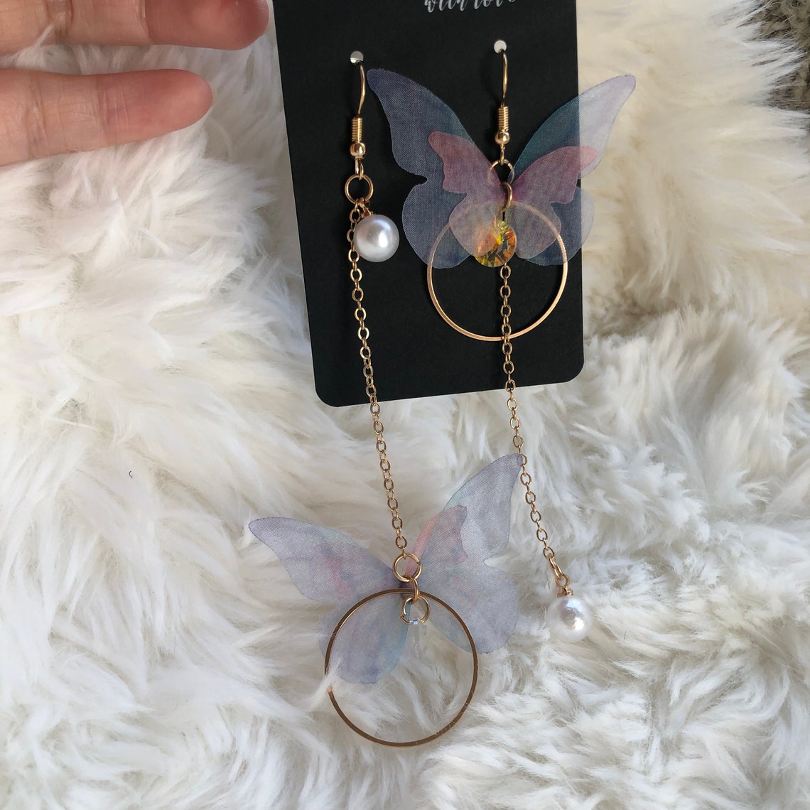 Bohemian Asymmetrical Butterfly Wing & Circle Drop Earrings With Pearl ...