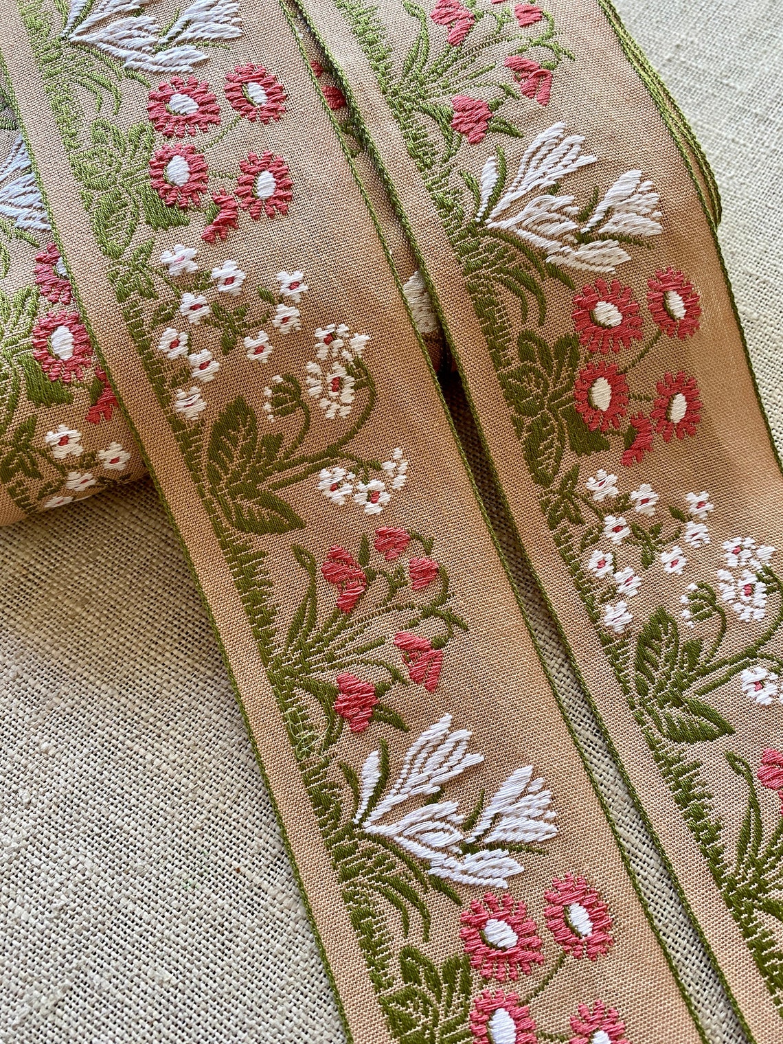 Vintage Woven Floral Ribbon Coral Daisies - Etsy