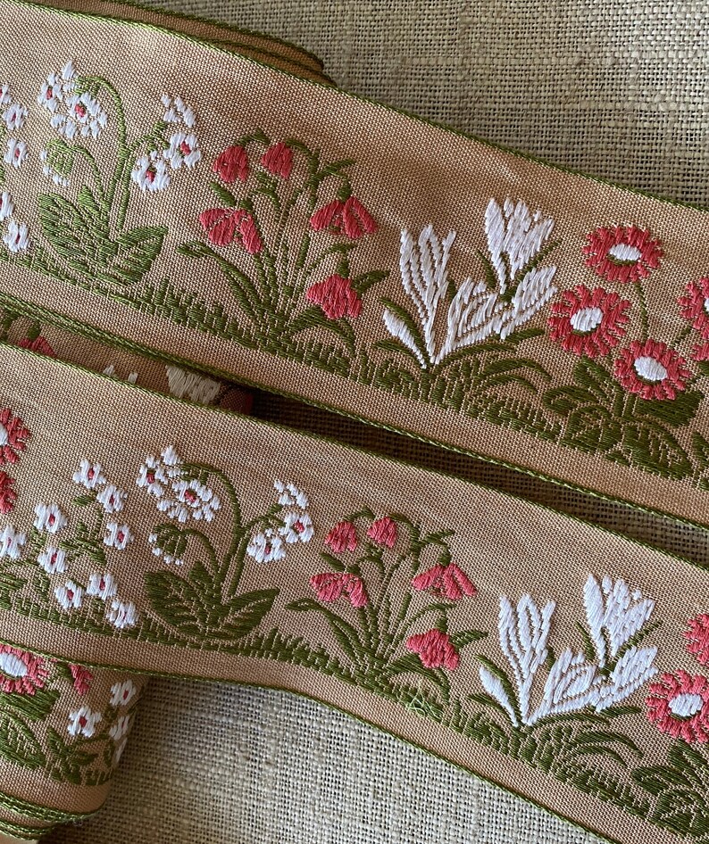 Vintage Woven Floral Ribbon Coral Daisies - Etsy