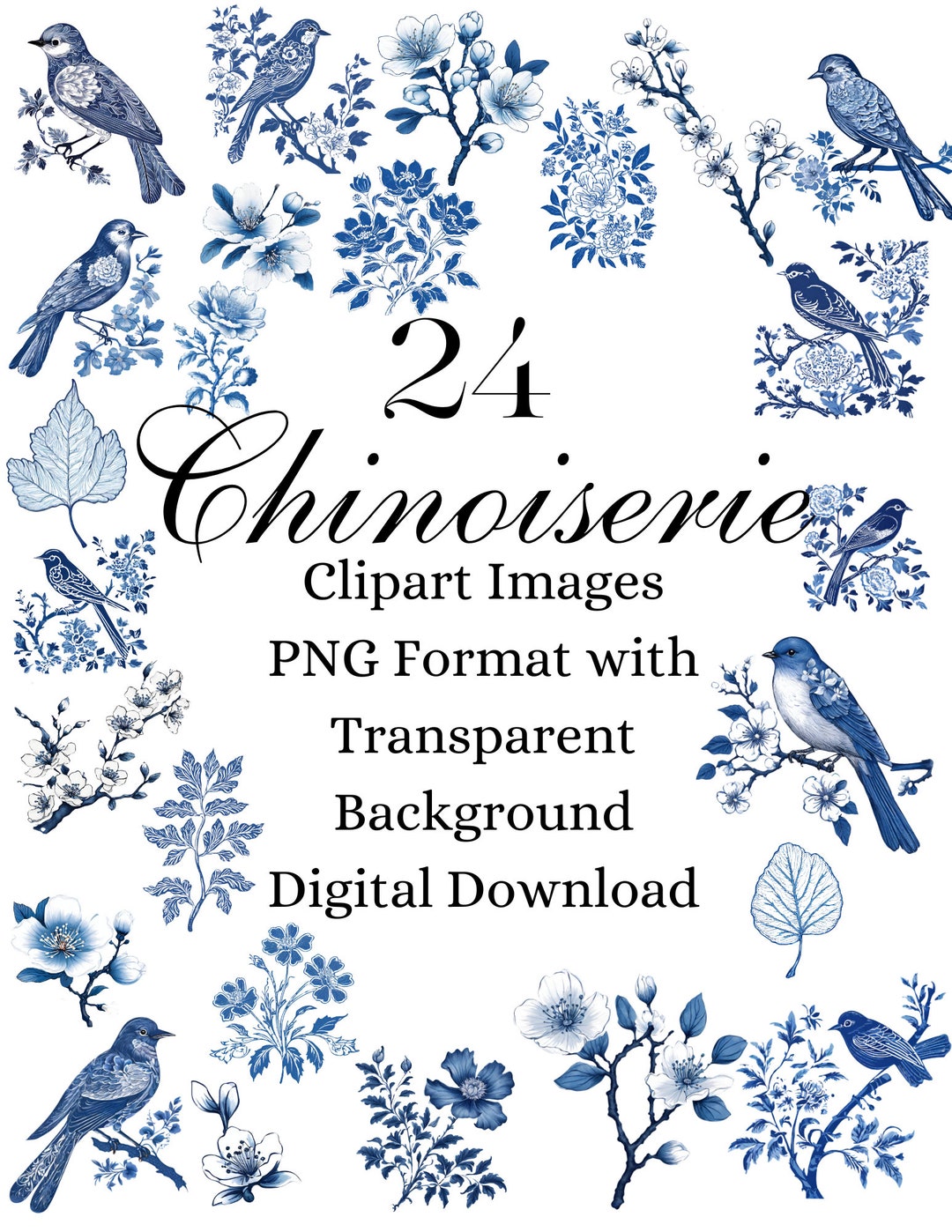 Chinoiserie Bird Clipart: Blue Floral PNG Images (digital Download) - Etsy