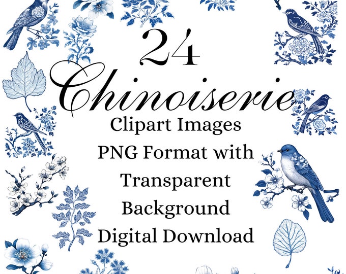 Chinoiserie Bird Clipart: Blue Floral PNG Images (digital Download) - Etsy
