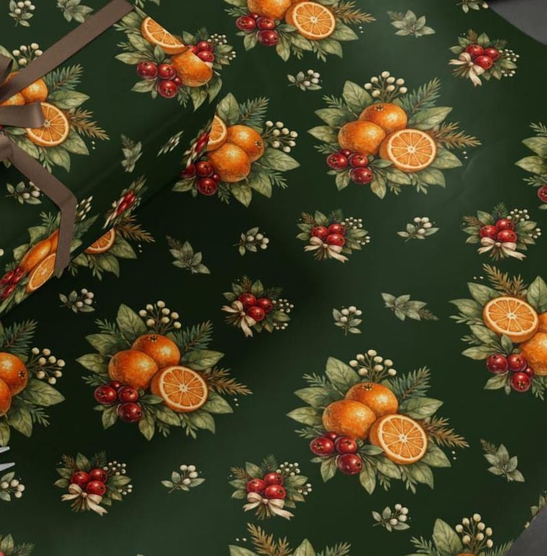 Christmas Fruit Wrapping Paper, Cranberry and Orange Wrapping Paper ...