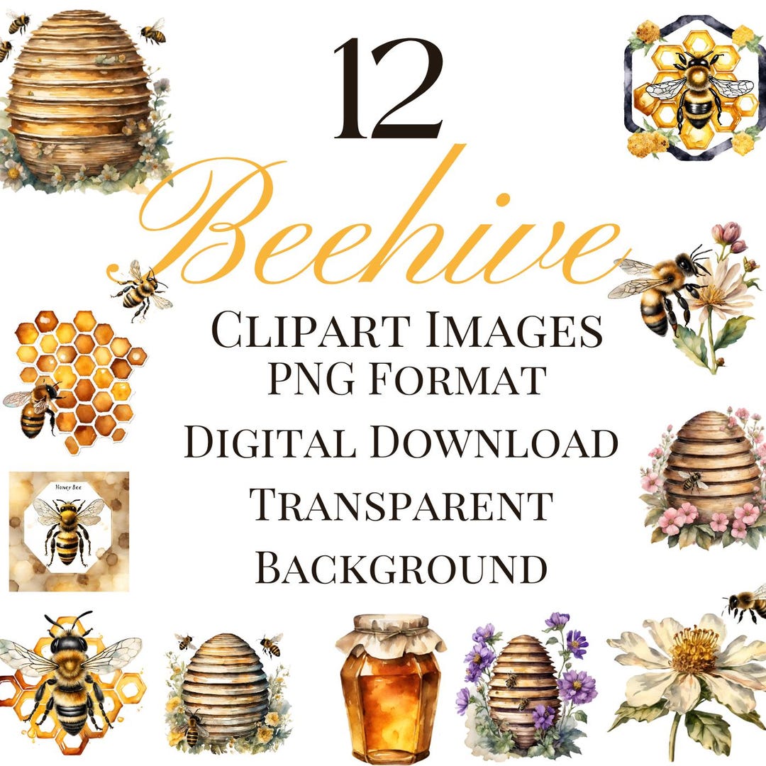 Digital Prints, Beehive Clipart, Printable Spring PNG, Bees, Honey Jar ...