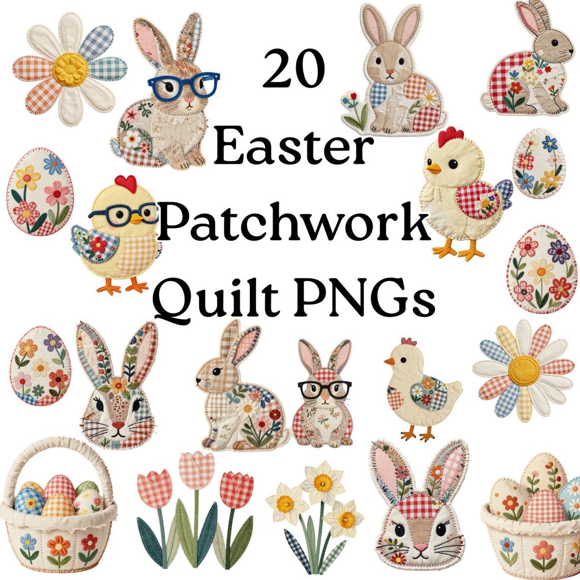 Easter Bunny Patchwork Quilted PNG, Faux Rabbit and Chick Applique ...