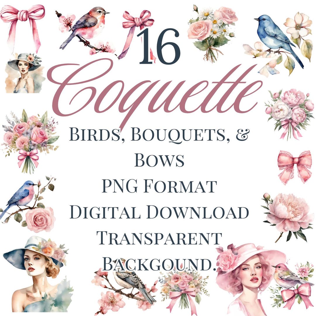 Digital Prints Flowers, Coquette PNG Bundle, Flowers Birds, Feminine ...