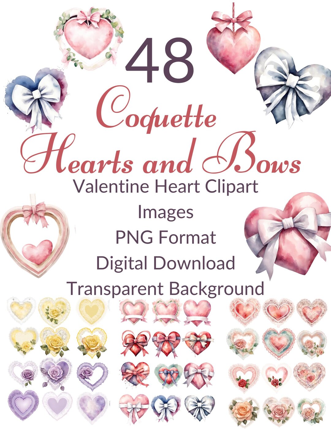 Valentine Coquette Hearts, Bow Heart PNG, Printable Valentines Day ...