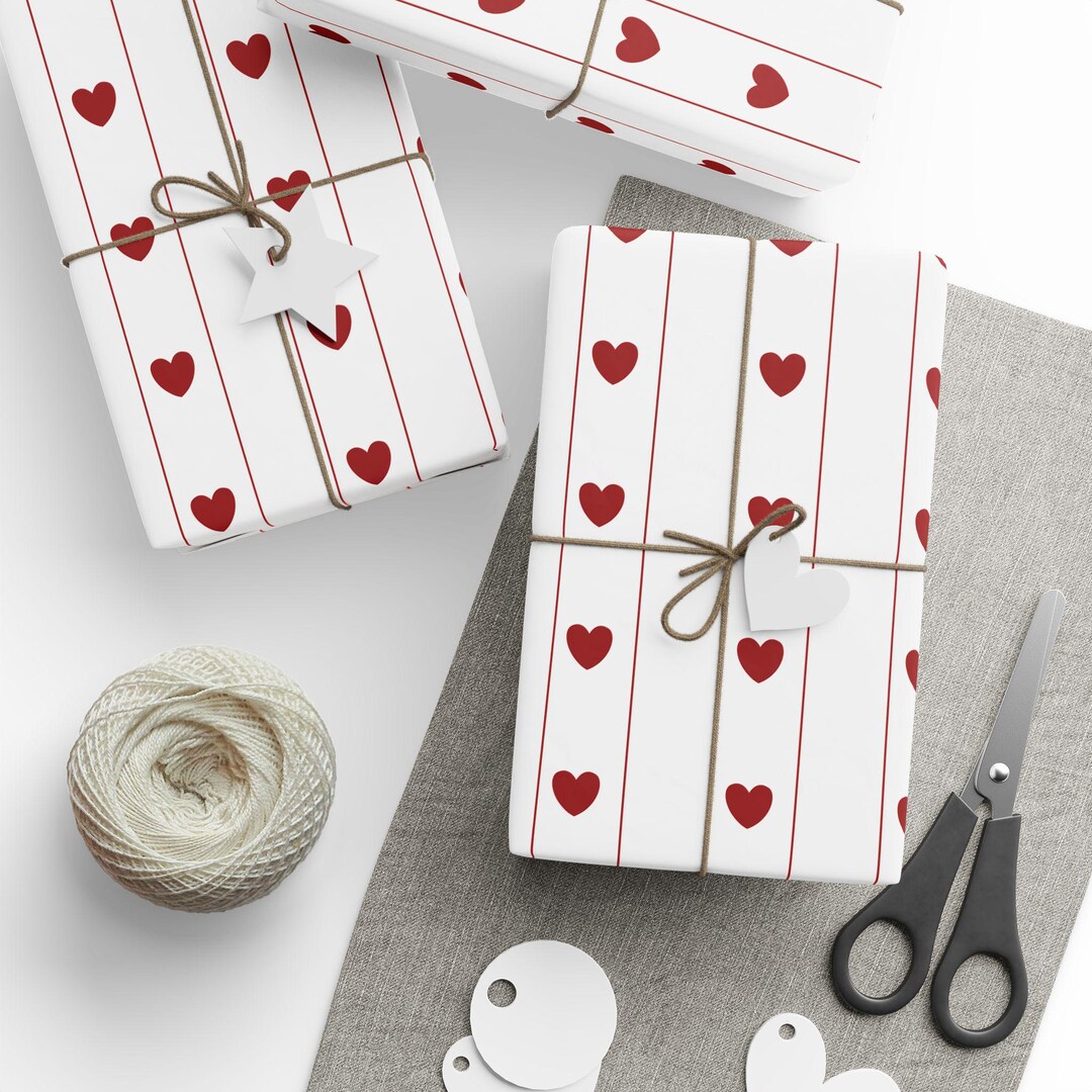 Cherry Red Heart Pin Stripe Wrapping Paper, Valentines Day Gift Wrap ...