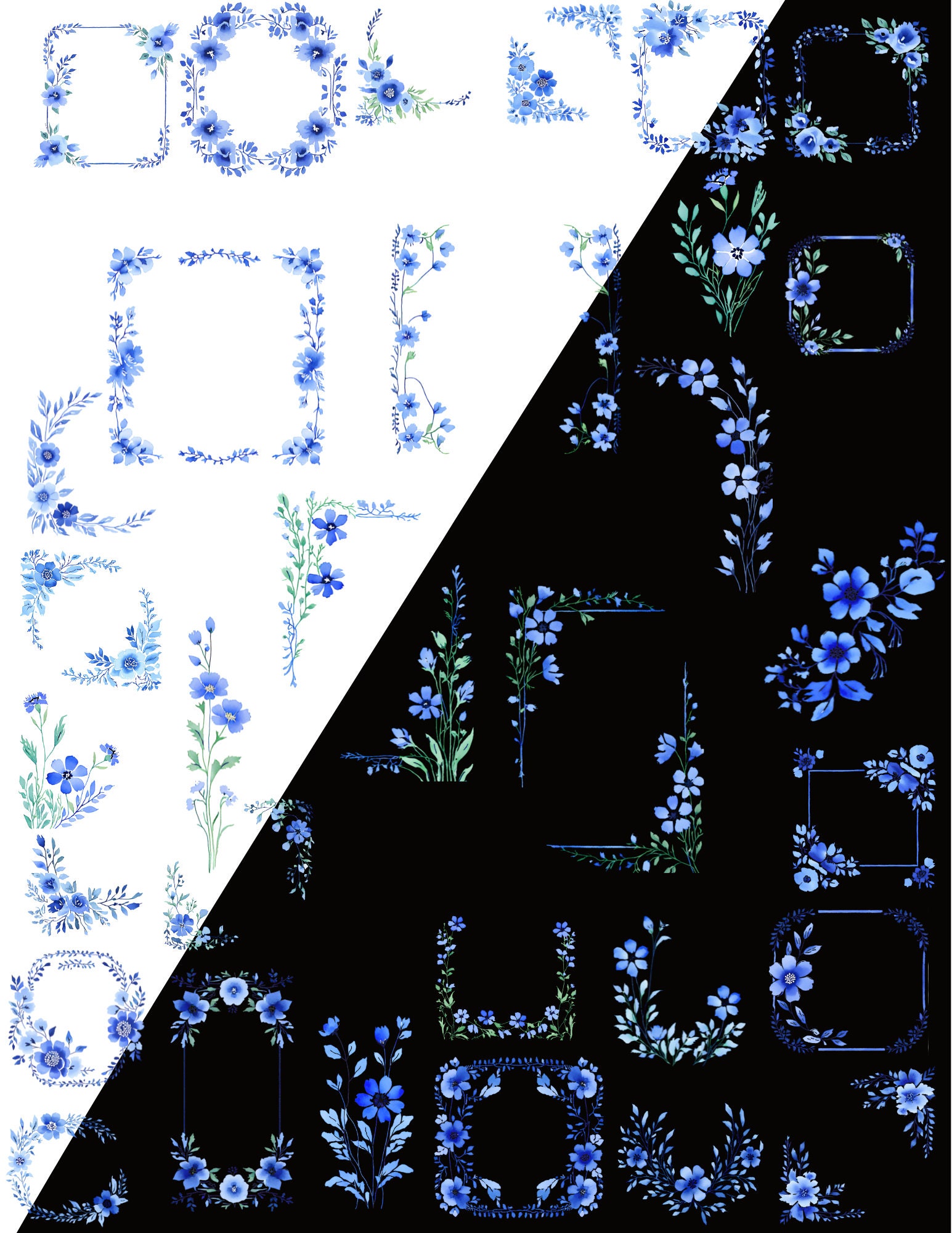 Blue Willow Clipart, Floral Border PNG, Wildflower Graphics, Digital ...