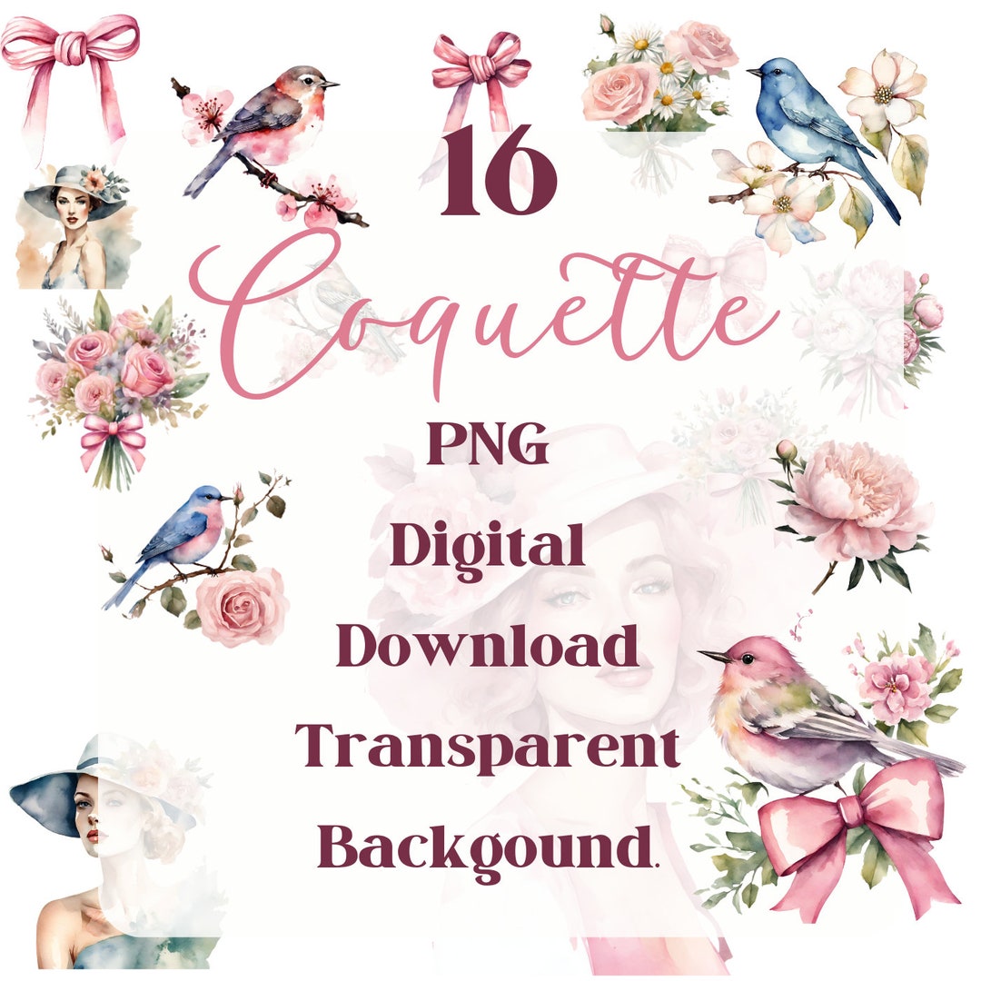 Digital Prints Flowers, Coquette PNG Bundle, Flowers Birds, Feminine ...