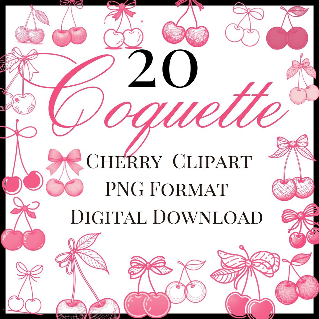 Valentines Day PNG, Coquette Cherry Clipart: Pink Cherries & Bows (PNG ...