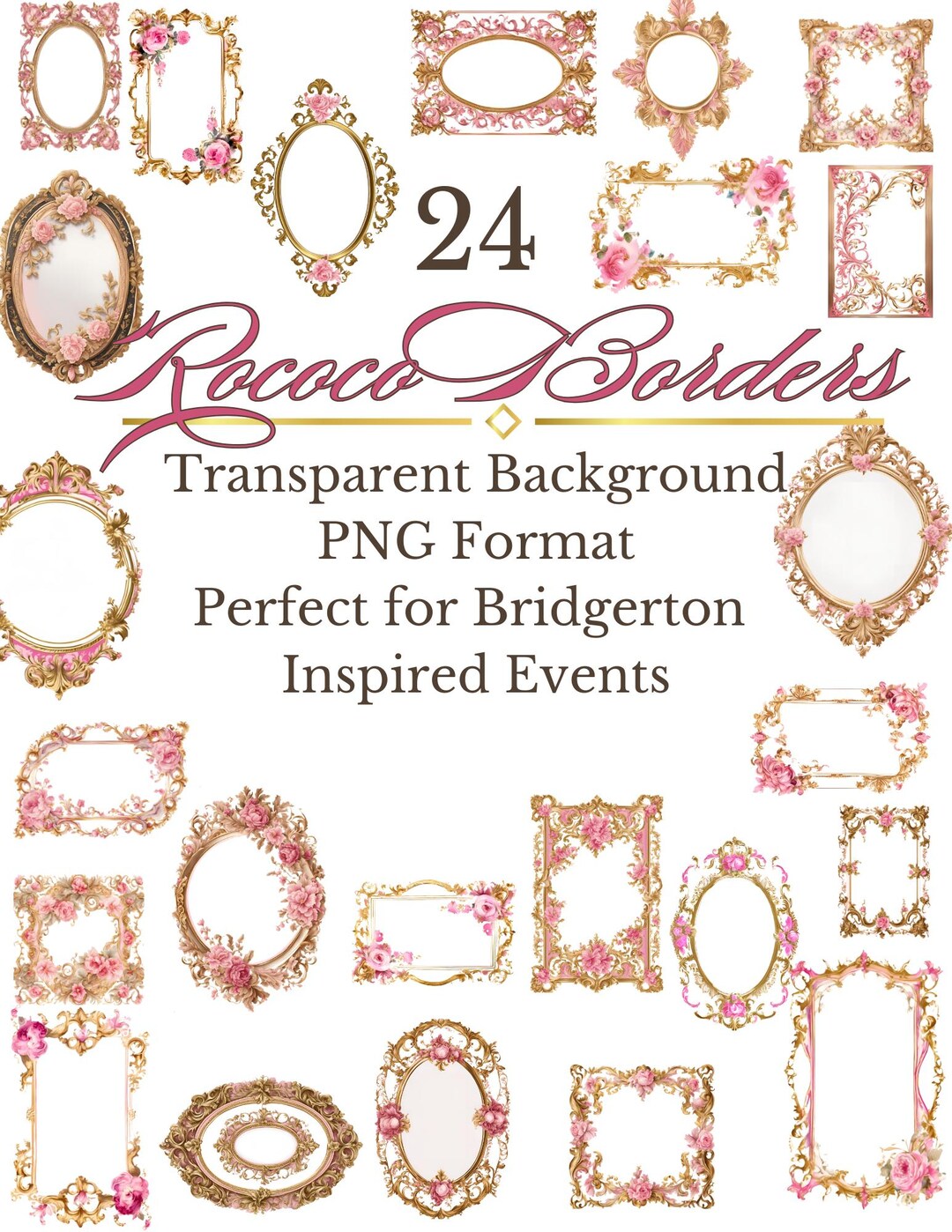 Rococo Pink and Gold Frame Clipart: Baroque PNG Borders (digital ...