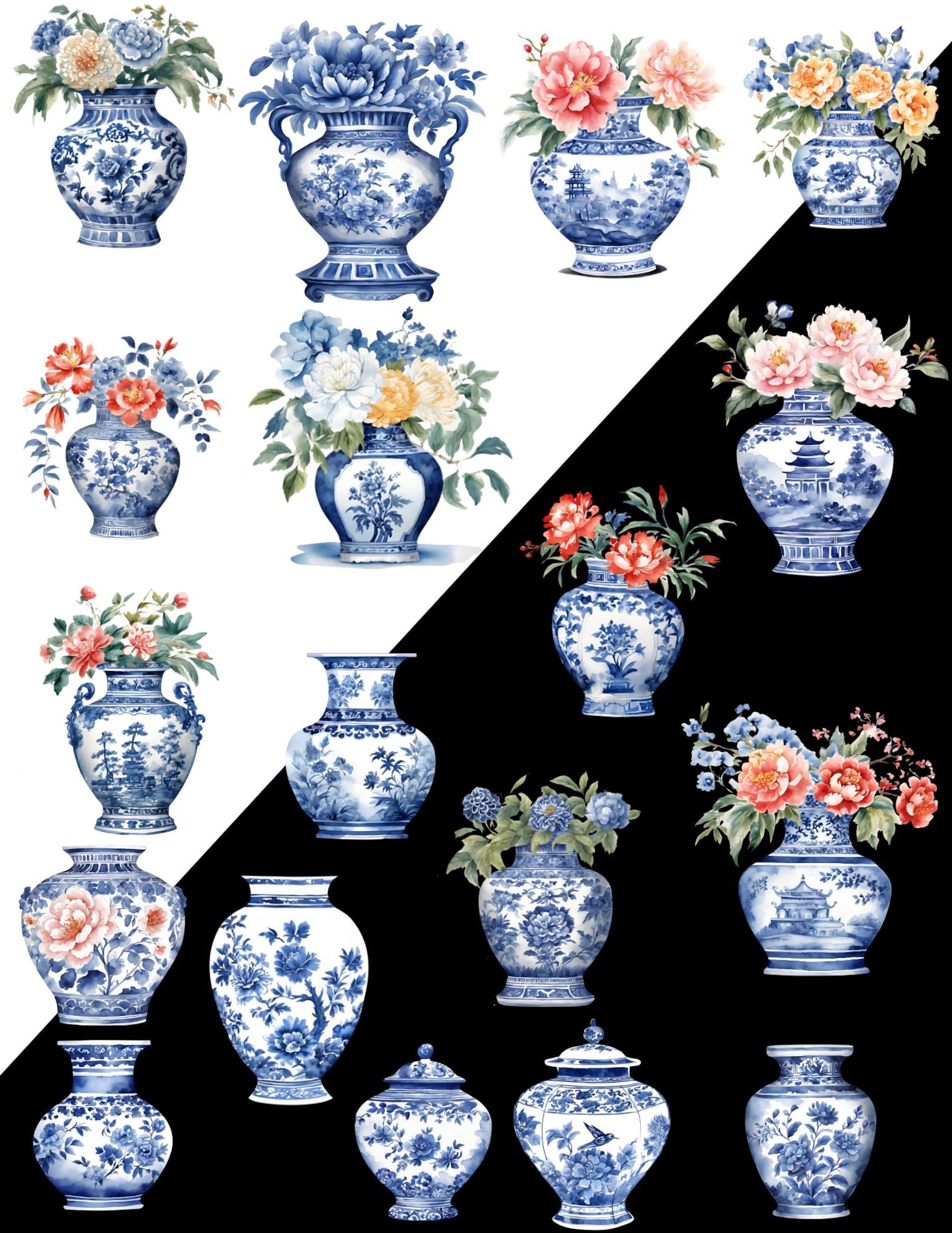 Chinoiserie Vase Clipart: Blue Floral PNG Images (digital Download) - Etsy