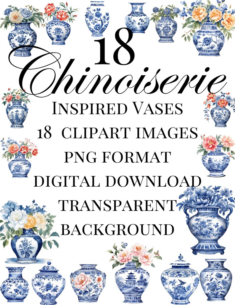 Chinoiserie Vase Clipart, Chinoiserie Toile De Jouy Wall Art, Floral ...