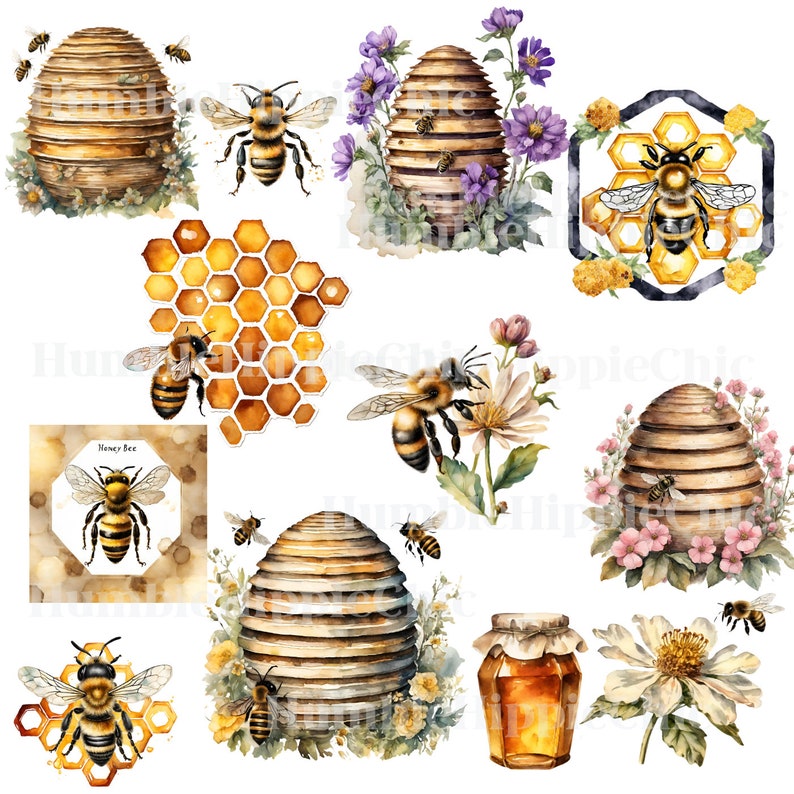 Digital Prints, Beehive Clipart, Printable Spring PNG, Bees, Honey Jar ...