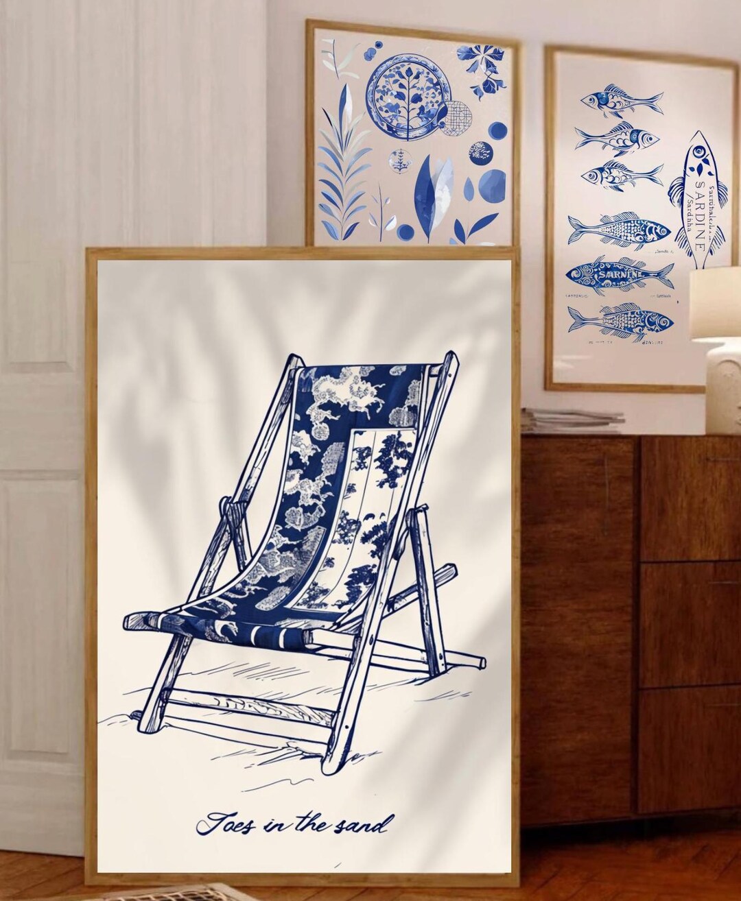 Chinoiserie Wall Art, Beach Chair, Toile De Jouy, Beachy Print, Blue ...
