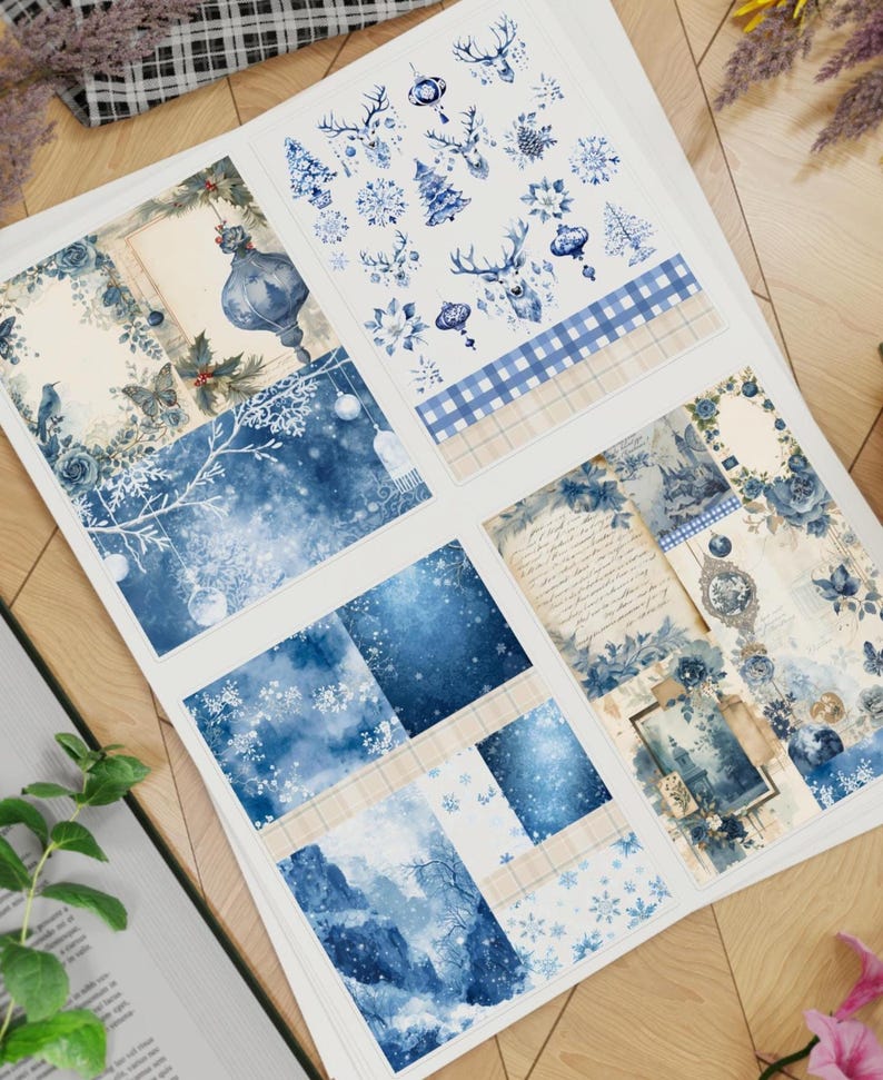 Blue Chinoiserie Christmas Digital Paper: Winter Floral PNG (digital ...