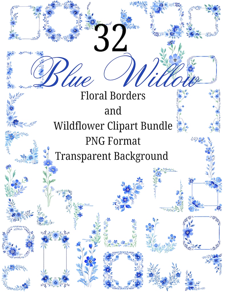 Blue Willow Clipart, Floral Border PNG, Wildflower Graphics, Digital ...