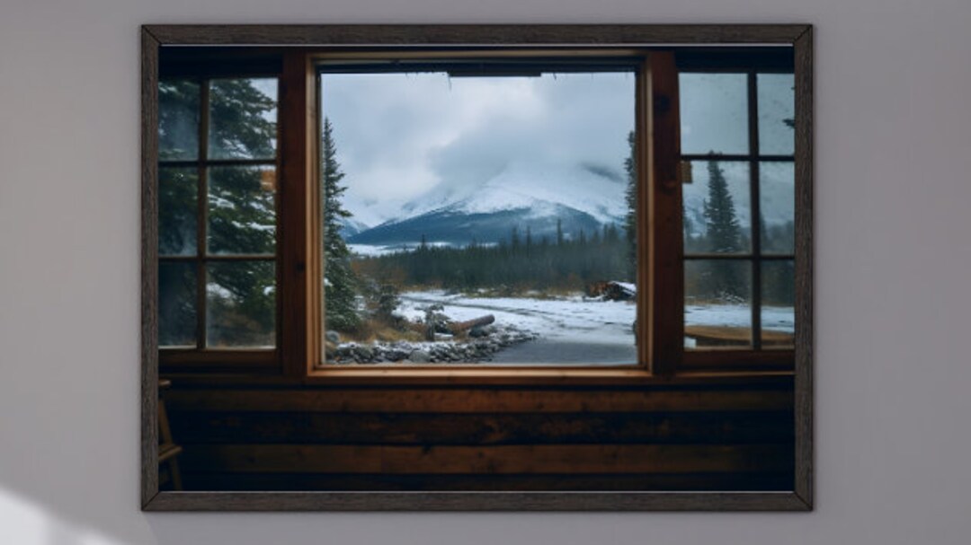 Winter Cabin Window Scene, Snow-covered Mountain View Print, Wall Art ...
