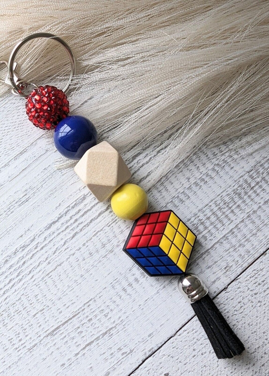 Rubik's Cube 80's Keychain With Silicone Charm Beaded 6.5 Key Ring ...