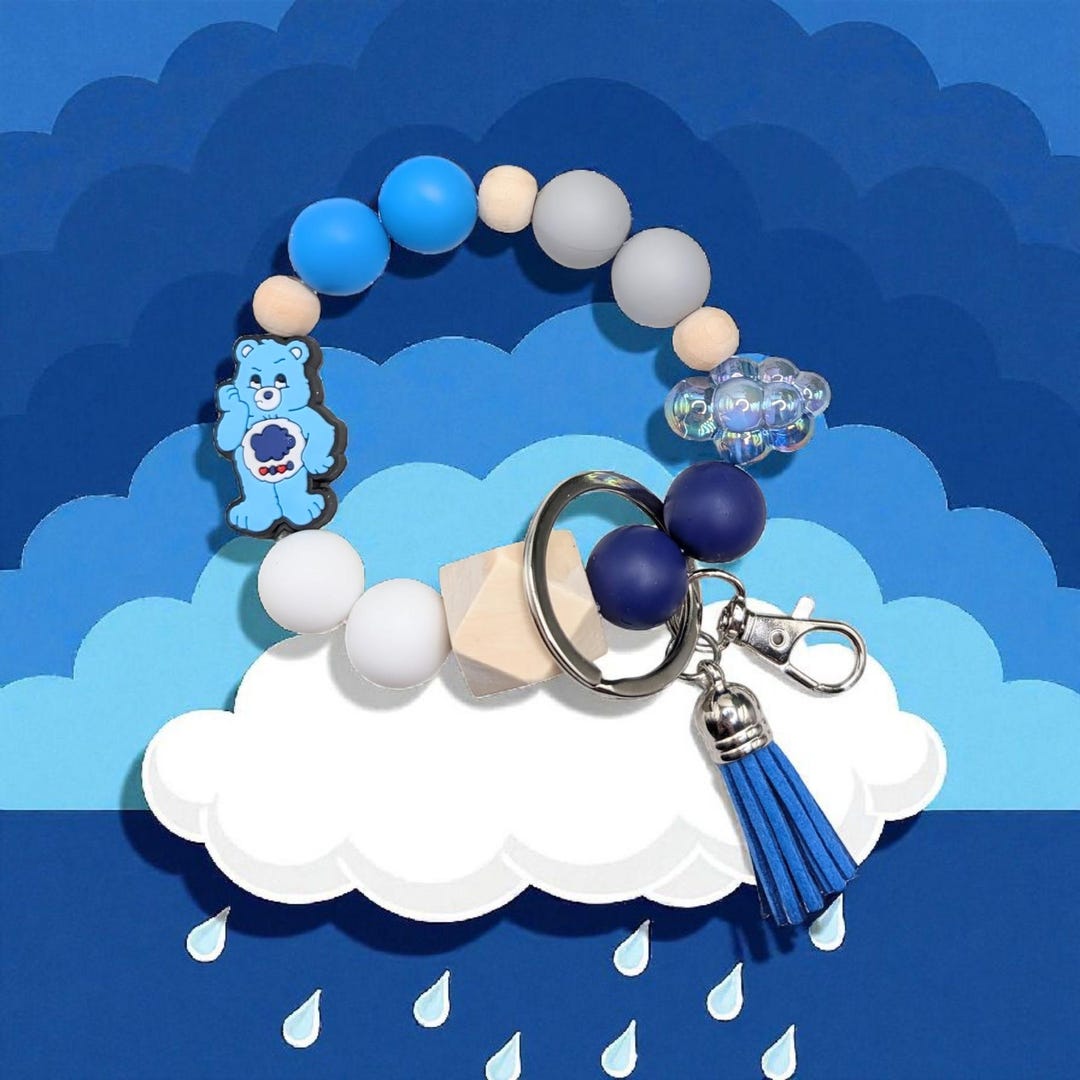 Angry Blue Bear Storm Clouds Wristlet With Silicone Charm 8" Key Ring ...