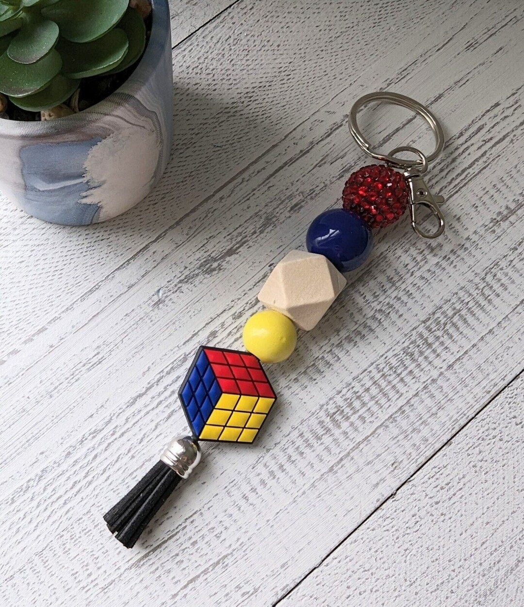 Puzzle Cube 80's Keychain With Silicone Charm Beaded 6.5" Key Ring ...