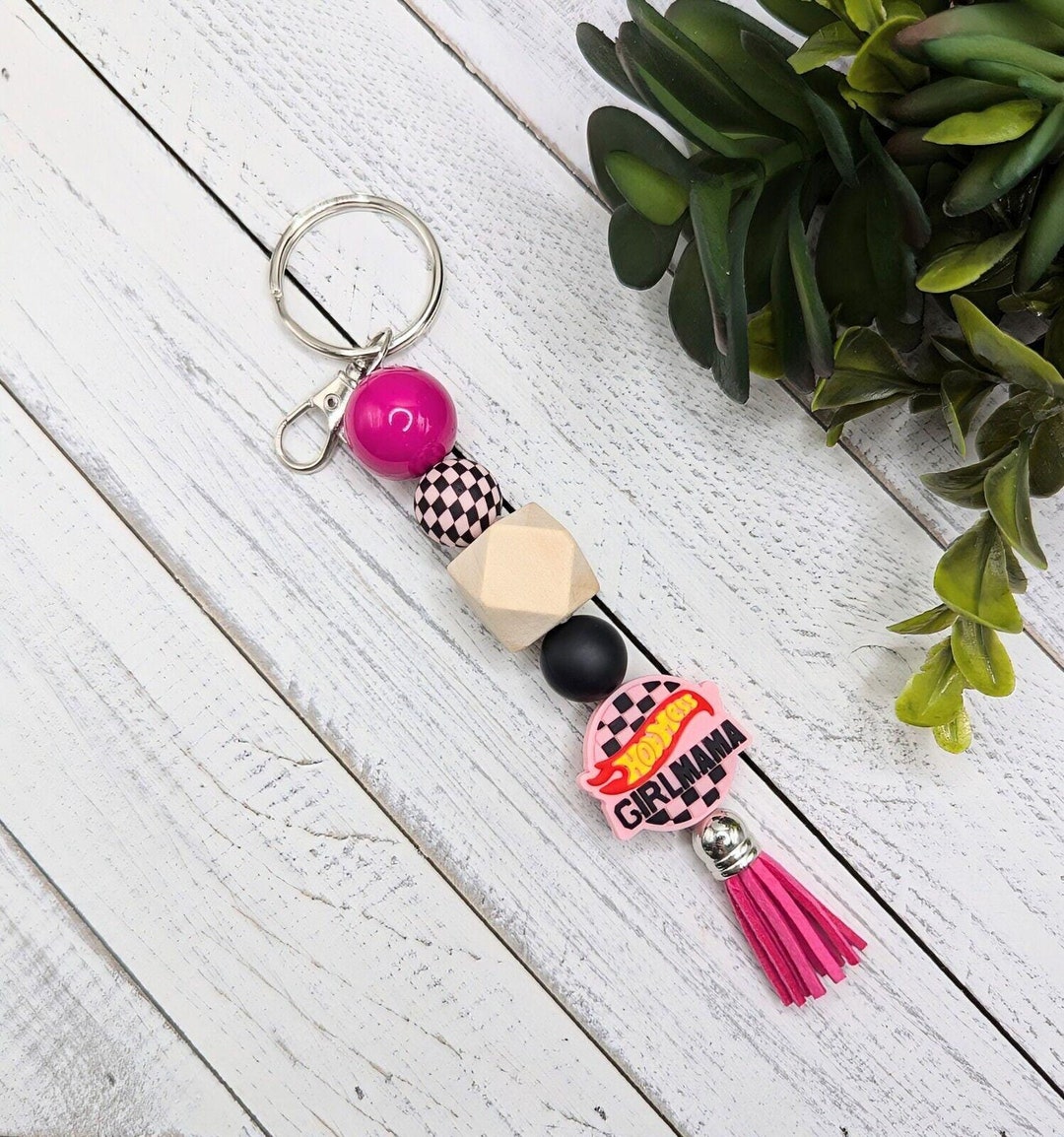 Girl Mom Racing Car Checkered Keychain With Silicone Charm 6.5" Key ...