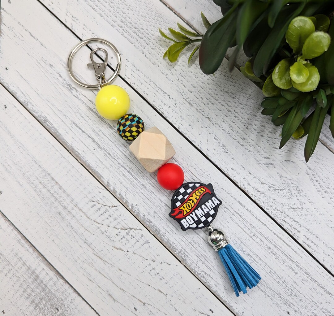 Boy Mom Racing Car Checkered Keychain With Silicone Charm 7" Key Ring ...