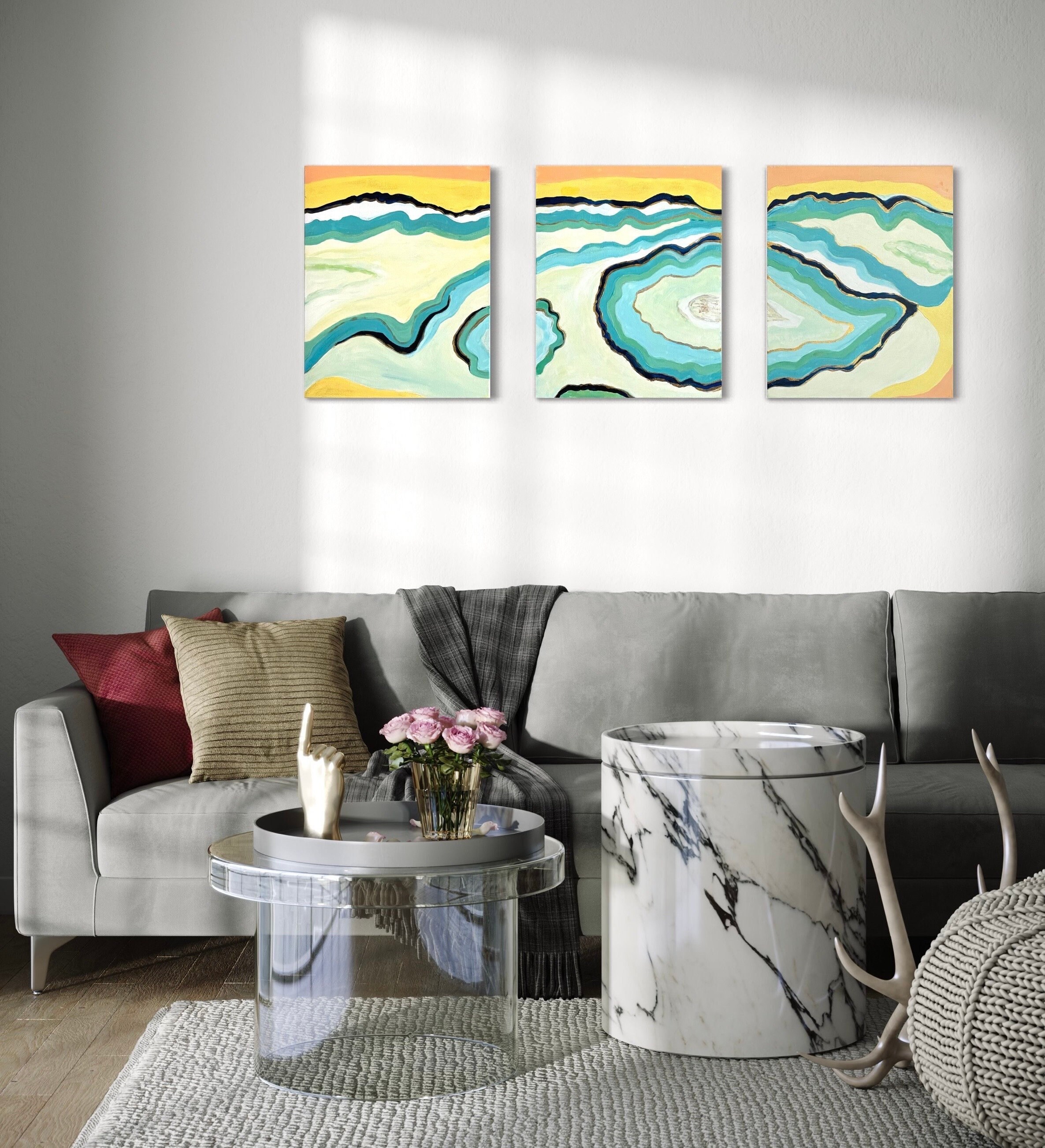 Hand-painted Acrylic Abstract Triptych, Mid-century Modern Wall Art Set ...